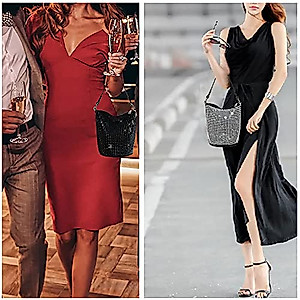 Bydenwely Rhinestone Rivets Bling Bucket Hobo Bag Medium Chic Evening Purse Women Clutch Crossbody Mini Tote for Prom Party, Black