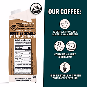 Wandering Bear Straight Black Organic Cold Brew Coffee, Iced Coffee, 32 fl oz, 6 pack - Extra Strong, Smooth, Unsweetened, Shelf-Stable, Ready to Drink, Cold Brewed Coffee, Cold Coffee