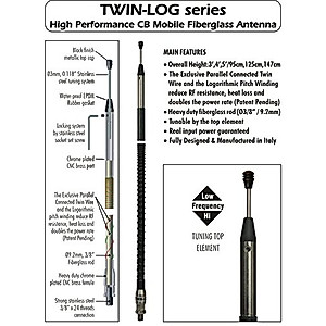 Sirio Antenna Twin-Log 4 High Performance 1500 Watts Cb Mobile Fiberglass Antenna (4 Ft)