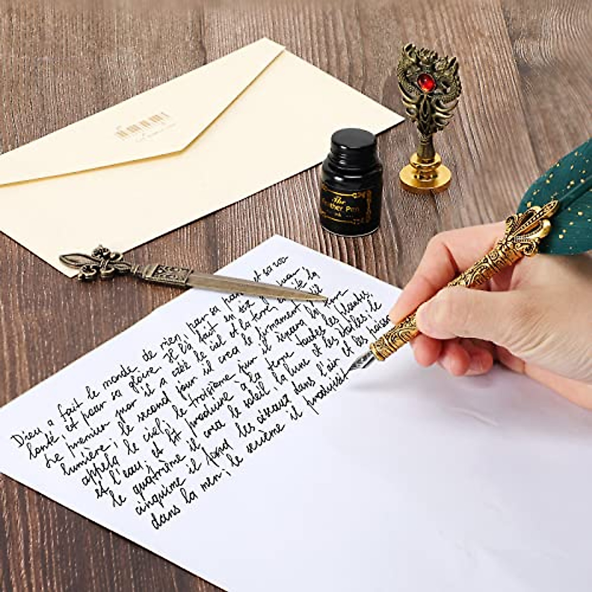 Karhood Quill Pen and Ink Set - Feather Calligraphy Dip Pen with Wax Seal Stamp Kit and 5 Nibs (Dark Green)