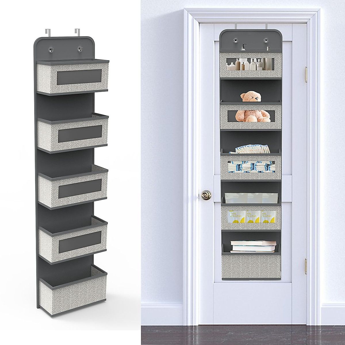 Domsanistor Over The Door Hanging Organizer with 5 Big Pockets, Wall Mount Fabric Back of Door Storage Organizer with Clear Window & Metal Hooks for Pantry Closet Diaper Dorm Nursery Bedroom