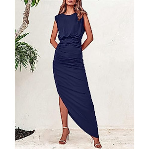 BTFBM Women Sleeveless Ruched Bodycon Dress 2023 Summer High Waist Asymmetrical Slit Formal Party Cocktail Maxi Dresses(Solid Navy, Large)