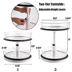 Yesland 2-Tier Lazy Susan Turntable with Large Bin and 3 Dividers, 11.25'' Height Adjustable Cabinet and Spice Rack Organizer with Removable Clear Storage Bins for Kitchen Pantry Snack Fruit Makeup