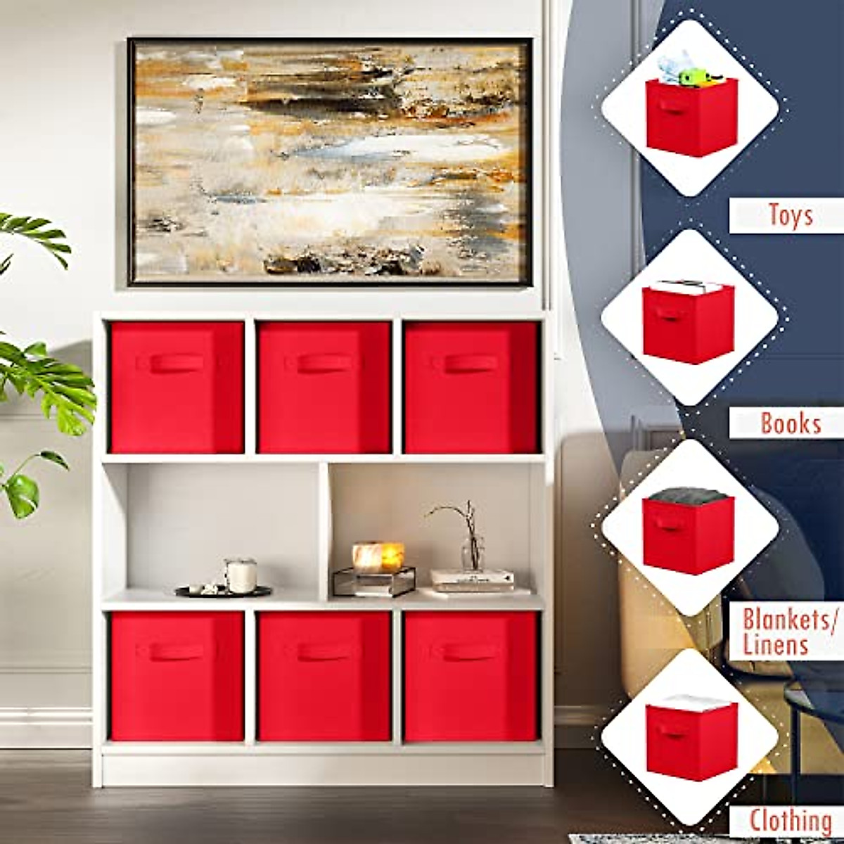 Ornavo Home Foldable Collapsible Storage Box Bins Shelf Basket Cube Organizer with Dual Handles - Set of 6-13 x 13 x 13 - Red
