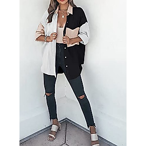 Dokotoo Women's Comfy Color Block Button-Up Shirt, Roll-Up Long Sleeve, Soft Oversized Boyfriend Top, Beach Cover, Black XL