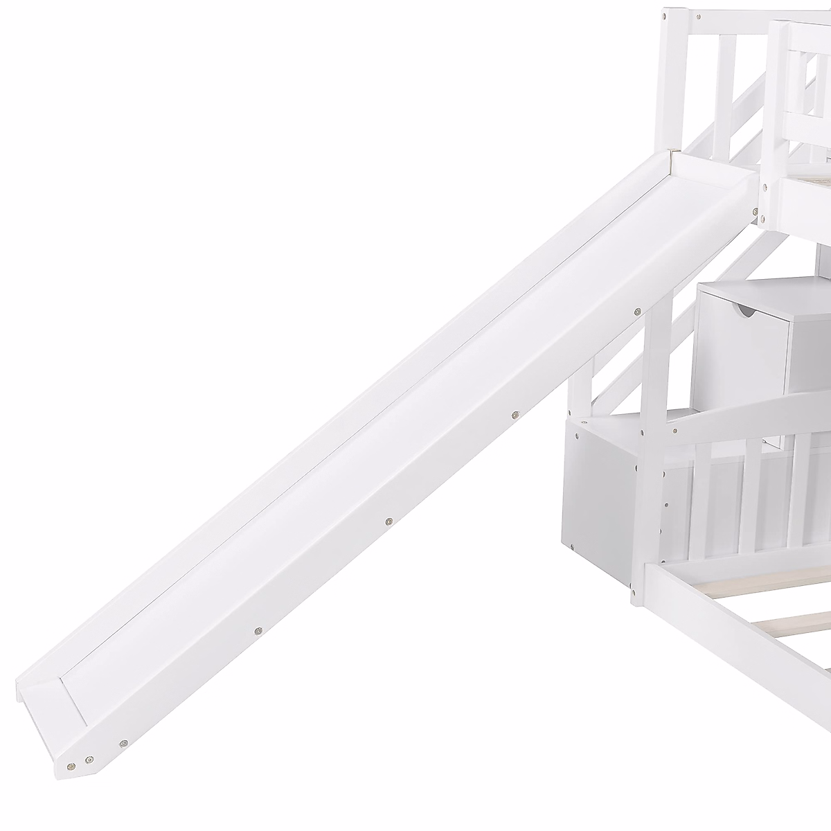 Harper & Bright Designs Twin Over Twin Bunk Bed with Slide and Guardrail, Floor Bunk Bed with Stairway/Two Drawers/Handrail, Space-Saving Bedroom Dormitory Furniture (White)