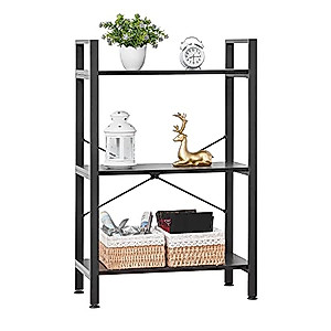 BEWISHOME 3 Tier Bookshelf Open Organizer, Black Small Bookshelf for Small Spaces, Industrial Wooden Storage Bookcase with Metal Frame for Bedroom Living Room and Home Office JCJ42B