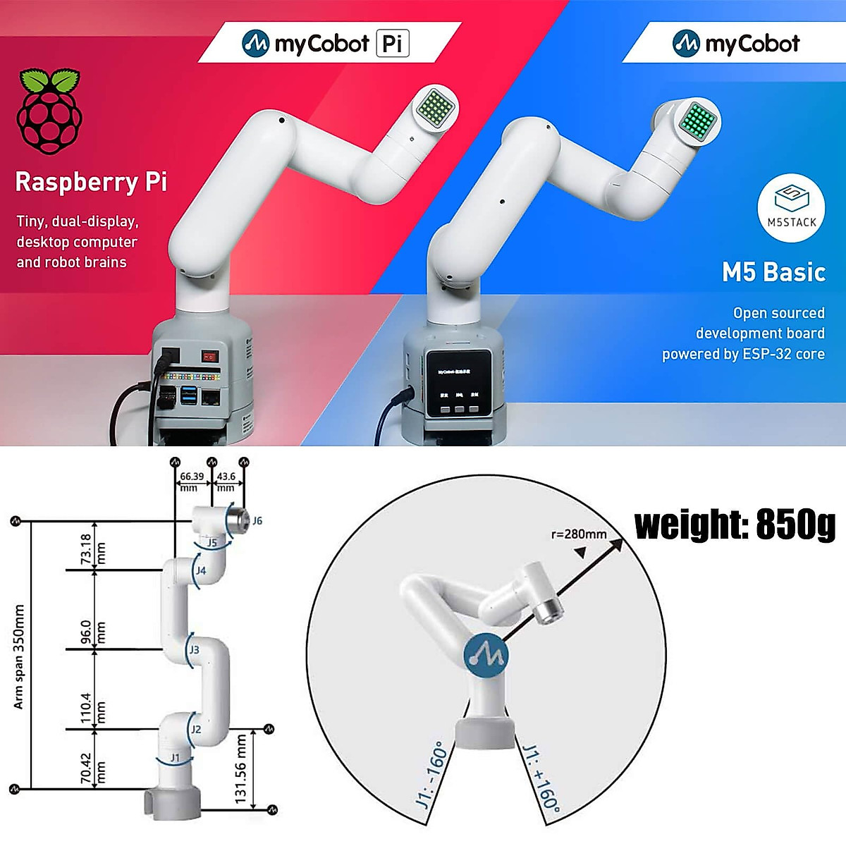 ELEPHANT ROBOTICS Robotic Arm myCobot 280 with Raspberry Pi 4& Flat Base, Open Source 6-DOF Robot Arm, Collaborative Desktop Coding Robot, Education ROS Robot Arms for Programming Learning