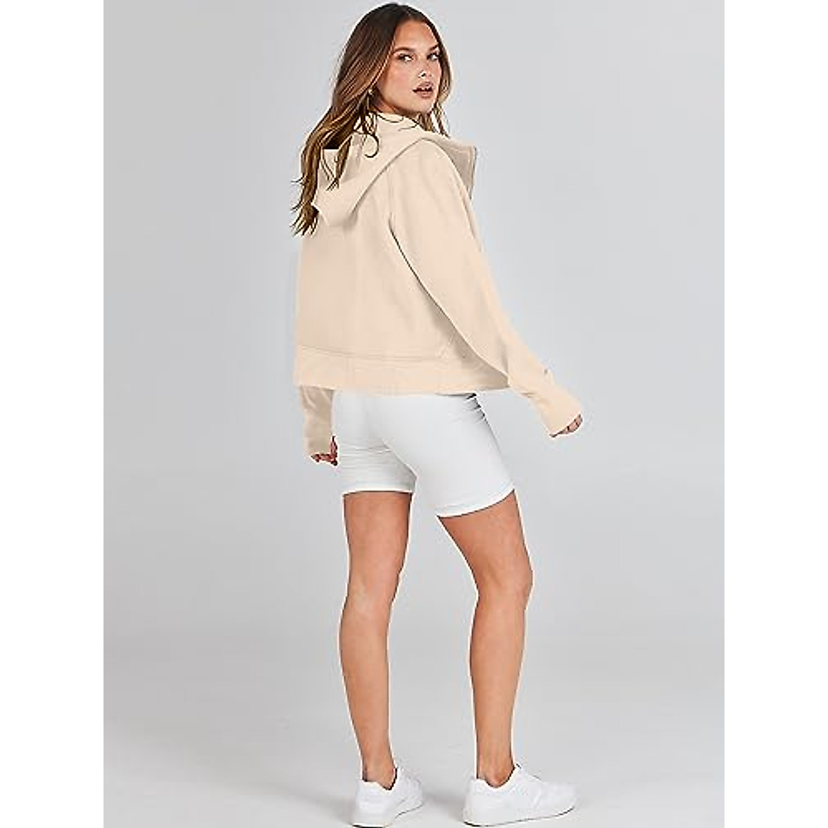 ANRABESS Women's Cropped Hoodies 2023 Fall Plain Jacket Cute Teen Girl Athletic Tops Ribbed Knit Casual Long Sleeve Fleece Sweatshirts Zip Up Hippie Clothes Thumb Hole A1015shenkaqi-S Apricot