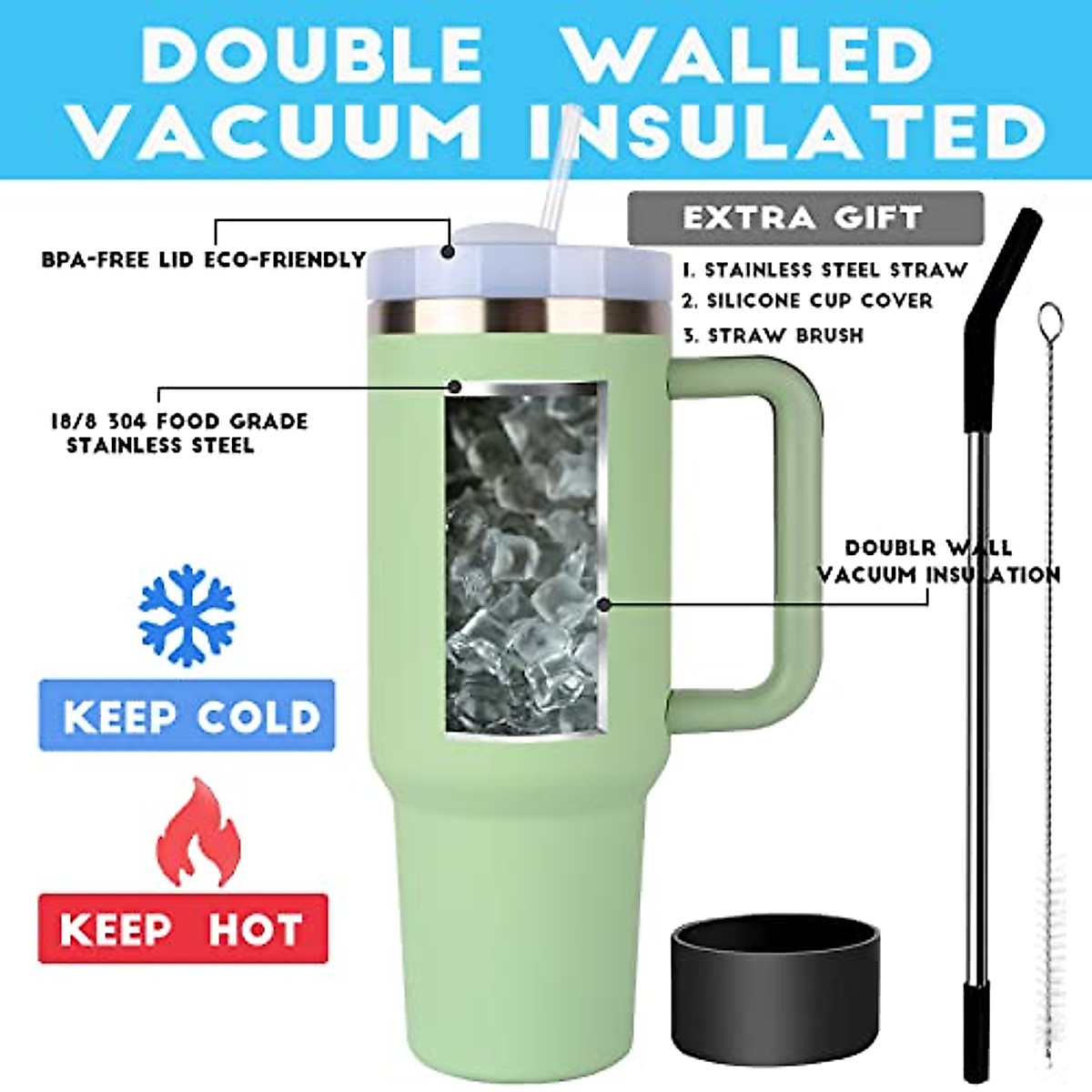 40oz Tumbler with Handle and Straw Lid,Stainless Steel Travel Mug Water Bottle Cup,Reusable Insulated Vacuum Cup (QL-Green)