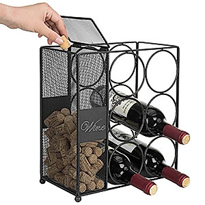MyGift 6-Bottle Wire Wine Rack, Countertop Black Metal Wine Bottle Holder with Mesh Cork Catcher Basket & Chalkboard Labels