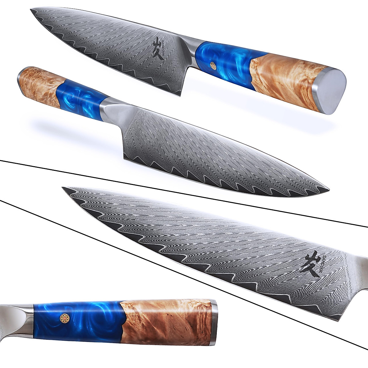 SAMCOOK Chef Knife - 8 Inch 67 Layer Forged Damascus Japan VG-10 Stainless Steel Kitchen Knives Blue Resin Wood Handle High Strength And Good Toughness Razor Sharp Cutting Meat