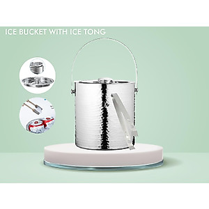 Ice Bucket With Lid, Insulated Hammered Ice Bucket for Cocktail Bar with Ice Tong, Double Walled Stainless Steel, 1.75 L, 1.84 Quarts, Ice Cold For 6 h with Handle (Silver Hammered)