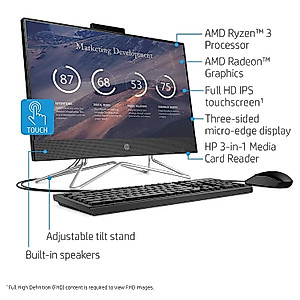 HP All-in-One Desktop, 22" FHD Touchscreen, AMD Ryzen 3 3250U Processor, 12GB RAM, 256GB SSD, Webcam, HDMI, RJ45, DVD-RW, Wi-Fi, Wired Keyboard & Mouse, Windows 11 Home, Black