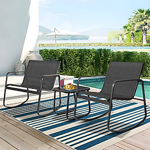 Incbruce Patio 3 Pieces Rocking Bistro Set, Textilene Outdoor Furniture Set with 2PCS Rocking Chair & Glass Coffee Table, Classic Black