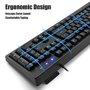 Basaltech Mechanical Feeling Keyboard with LED Backlit, 104-Key Quiet Membrane Keyboard for Gaming or Office, Ergonomic Silent Water-Resistant Light Up Wired USB for Computer,Mac,Laptop