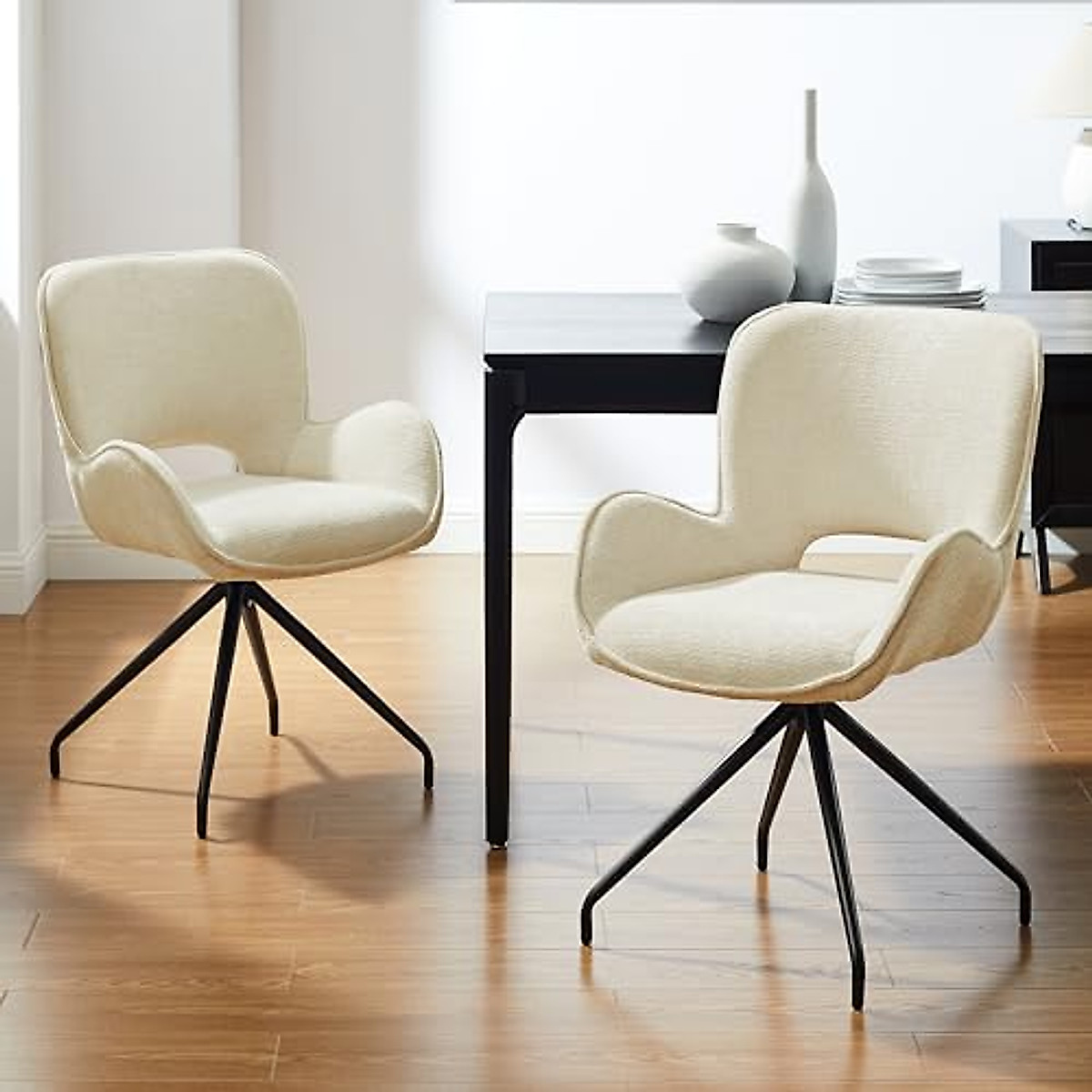 Art Leon Dining Chairs, Set of 2, Fabric Upholstered Dining Room Chairs, Modern Swivel Accent Chairs with Black Metal Legs for Living Room Kitchen, Off White