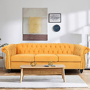 QHITTY Accent Large Sofa, Chesterfield Couch 3 Seater Modern Velvet Couch Upholstered Sofa with Tufted Back for Living Room Furniture (Mango)