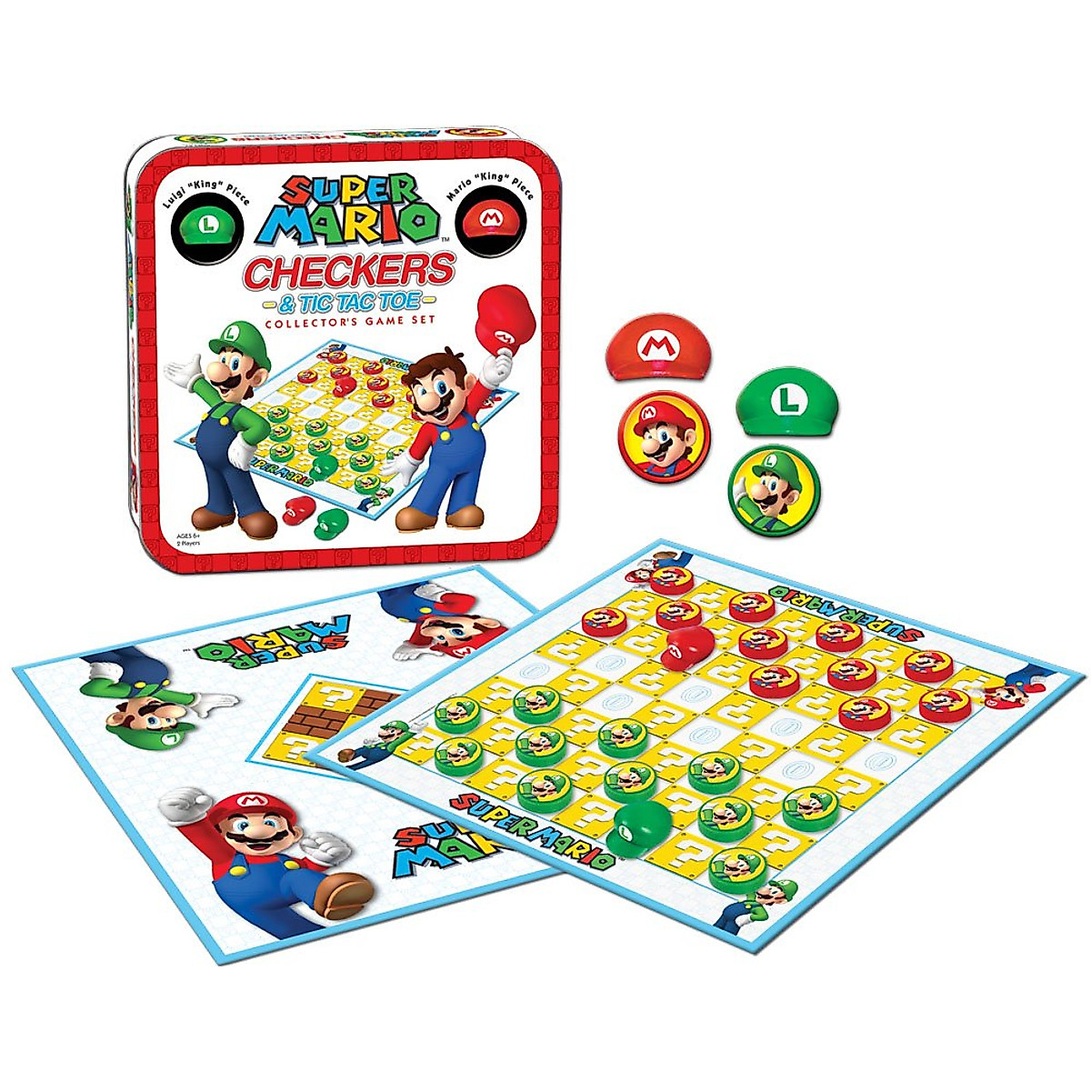 Super Mario Checkers & Tic-Tac-Toe Collector's Game Set | Featuring Super Mario Bros - Mario & Luigi | Collectible Checkers and TicTacToe Perfect for Mario Fans