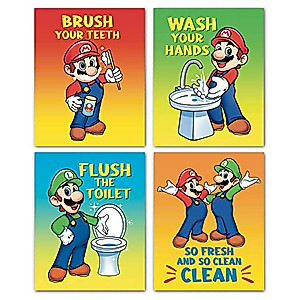 SWITHOM Super Mario Bathroom Wall decor - Unframed Boy's Bathroom Decor, 8X10 inch Super Mario Wall Art Prints for Kids Bathroom, Set of 4 Positive Quotes Toilet Wall Decor Art Prints for Bathroom