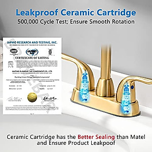 Bathroom Sink Faucet with Pop-up Drain Assembly, Brushed Gold Bathroom Faucet 2-Handle for 4 Inch Sink，Modern Centerset Bathroom Faucet with Supply Hose Lead-Free