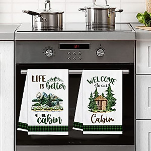 Hexagram Cabin Decor, Cabin Kitchen Towels Set of 4, Farmhouse Bear Deer Tea Towels, Log Cabin Decor, Rustic Decorative Hand Towels for Kitchen, New Home Housewarming Gifts