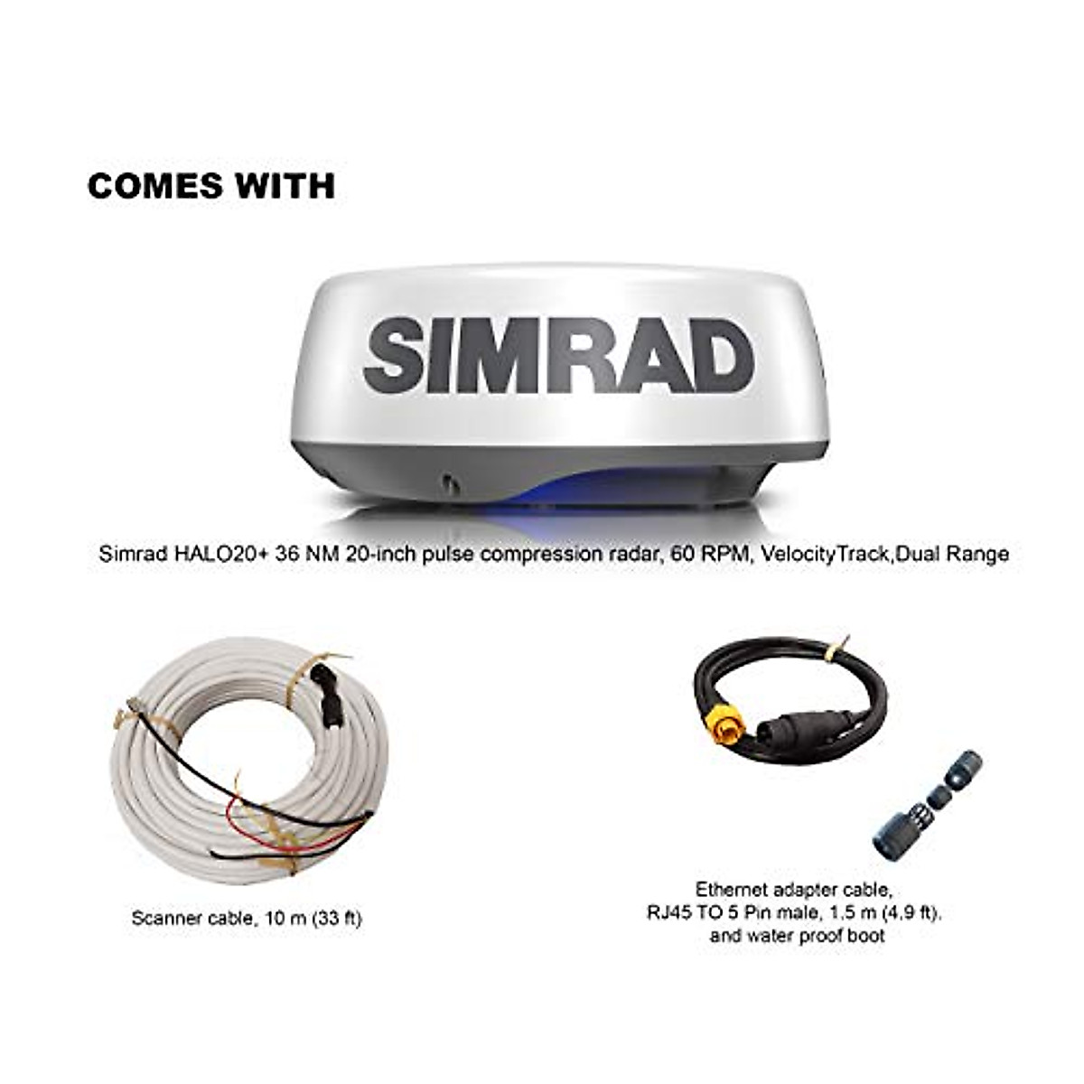 Simrad HALO20+ 36 NM 20-inch Pulse Compression Radar, 60 RPM, with Collision Avoidance and VelocityTrack, Dual Range Doppler Technology Built-in