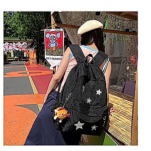 JHTPSLR Vintage Aesthetic Backpack Preppy Backpack Patches Stars Retro Stars Backpack Dark Academia Aesthetic Backpack (Black)