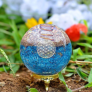 Orgonite Crystal Blue Aquamarine Crystal Ball with Stand for Positive Energy, E-emission Protection and Chakra Balancing –with Flower of Life Symbol to Promote Purpose, Serenity and Courage