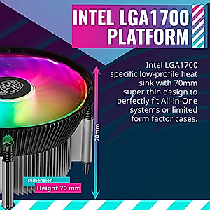 Cooler Master i70C LGA1700 ARGB Intel Low-Profile CPU Air Cooler, Anodized Black Aluminum Fins, Copper Insert Base, 95W TDP CPU Support, 120mm ARGB 3-Pin Fan for Intel LGA1700 For Desktop