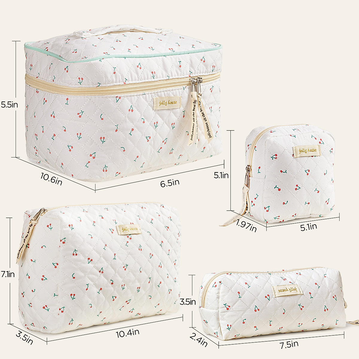 HBselect 4Pcs Cotton Quilted Makeup Bag Coquette Makeup Bag Large Travel Cosmetic Bag Aesthetic Cute Kawaii Cherry Makeup Bag Toiletry Bags Coin Purse for Women Girls