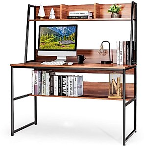 Tangkula Computer Desk with Hutch & Bookshelf, 47 Inches Space Saving Writing Study Table Home Office Desk, PC Laptop Table Workstation with w/ 3 Open Storage Space & Bottom Bookshelf (Brown)