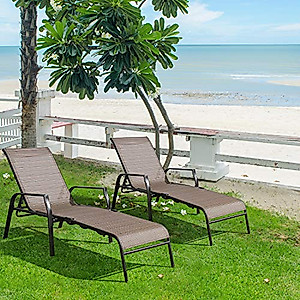 Patio Outdoor Chaise Lounge Chairs, Folding Sling Reclining Chaise Lounger Chair Fit Beach Yard Pool Patio with 5 Adjustable Positions, Brown Frame