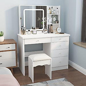 Homsee 39.4" L Vanity Desk Set Makeup Table with Large Lighted Mirror, Dressing Table with 5 Drawers, Storage Shelves & Cushioned Stool for Bedroom, White