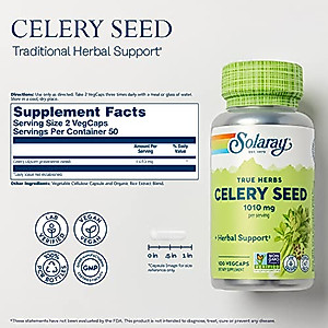 Solaray Celery Seed 1010 mg, Traditional Liver, Water Balance, and Joint Support, Whole Celery Seeds with Phytochemicals and Flavonoids, Vegan, Lab Verified, 60-Day Money-Back Guarantee, 50 Servings, 100 VegCaps
