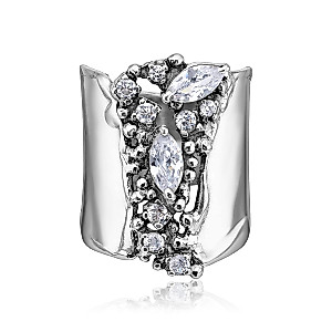 925 Sterling Silver Shield Ring With A White Round and Marquise Cubic Zirconia CZ , Floral Vintage Antique Look, Hypoallergenic, Nickel and Lead-free, Artisan Handcrafted Designer Collections