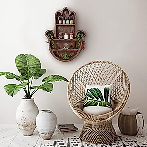 TAMIM CRAFTS Wooden Hamsa Shelf for Crystals- Large 20 Inch Crystal Display Shelf for Stones, Crystal Holder Shelf, Essential Oil Display, Hand Crystal Shelf for Room Decor, Hamsa Wall Décor