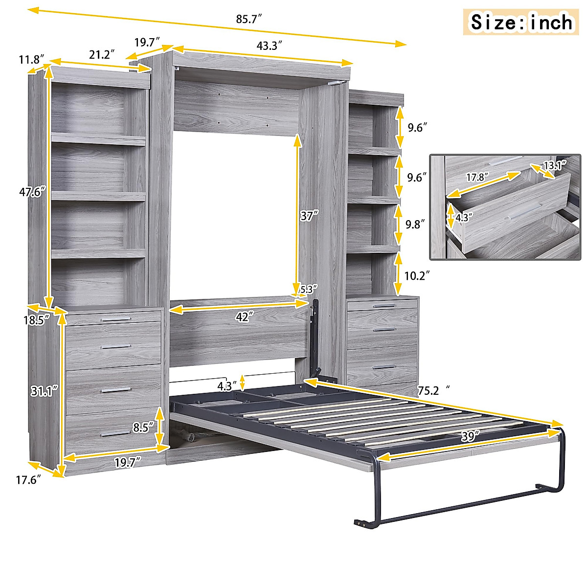 Unique Twin Size Murphy Bed with Storage Shelves and Drawers, Multiple Storage Bed Suitable for Guest Room, Office, Apartment