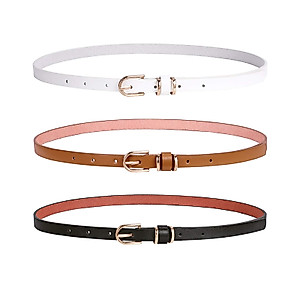 Ladies Skinny Thin PU Leather Dress Fit WaistBelt for Jeans with Gold Alloy Buckle(Black+Brown+White,Fit Waist Size 31-37 Inches)