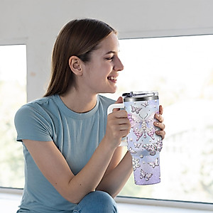 Butterfly Gifts for Women, Girls - 40oz Diamond Butterfly Tumbler with Handle - Birthday Gifts for Butterflies Lovers Cup - Purple Butterflies Gift for Mother's Day Christmas Coffee Travel Mug