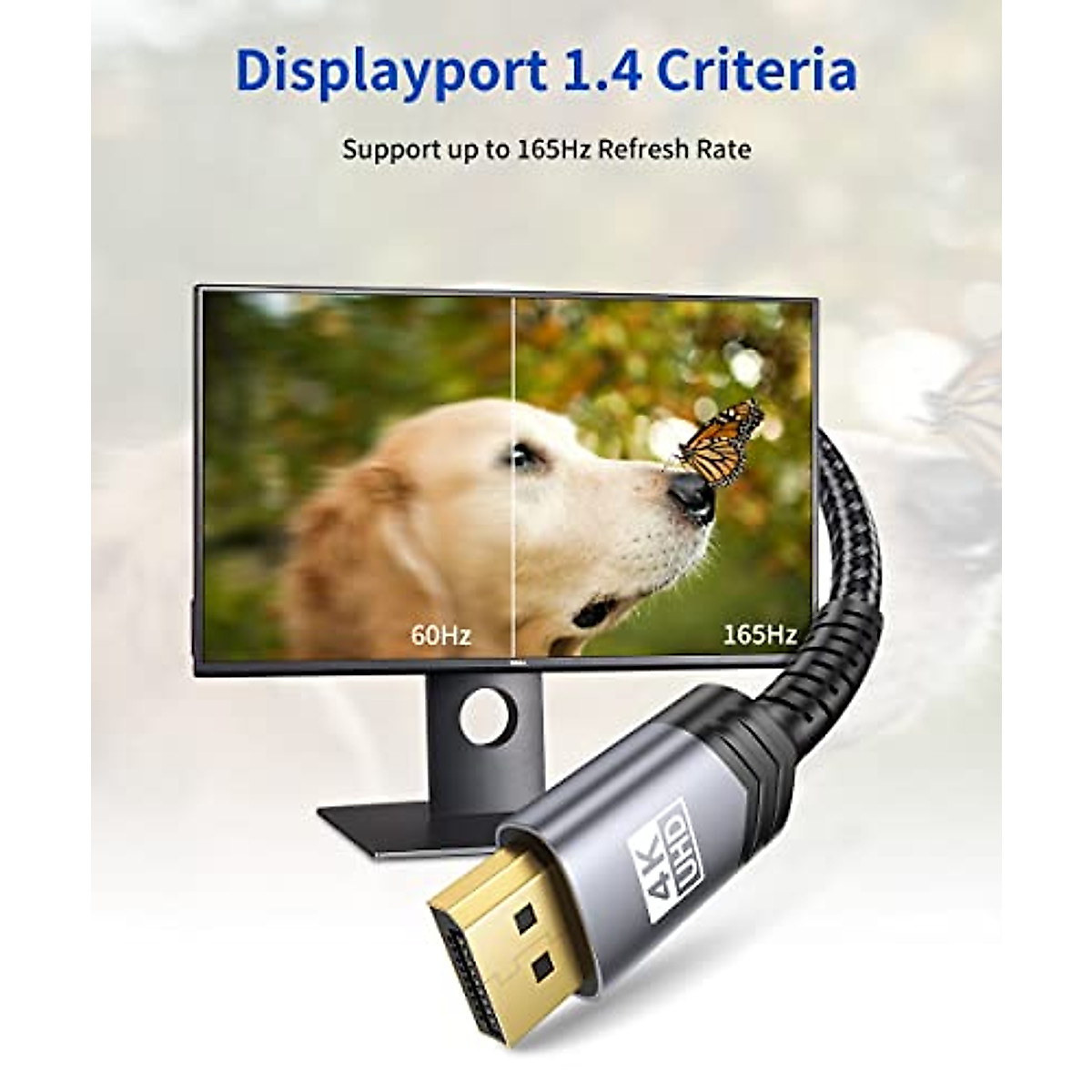 JSAUX DisplayPort Cable 10ft, 21.6Gbps High Speed DP 1.2 Braided Display Port Cord, 4K 60Hz HDR, 2K/1440P 165Hz & 144Hz, 1080p, 3D Compatible for Gaming Monitor Graphics Card TV PC Laptop -Grey