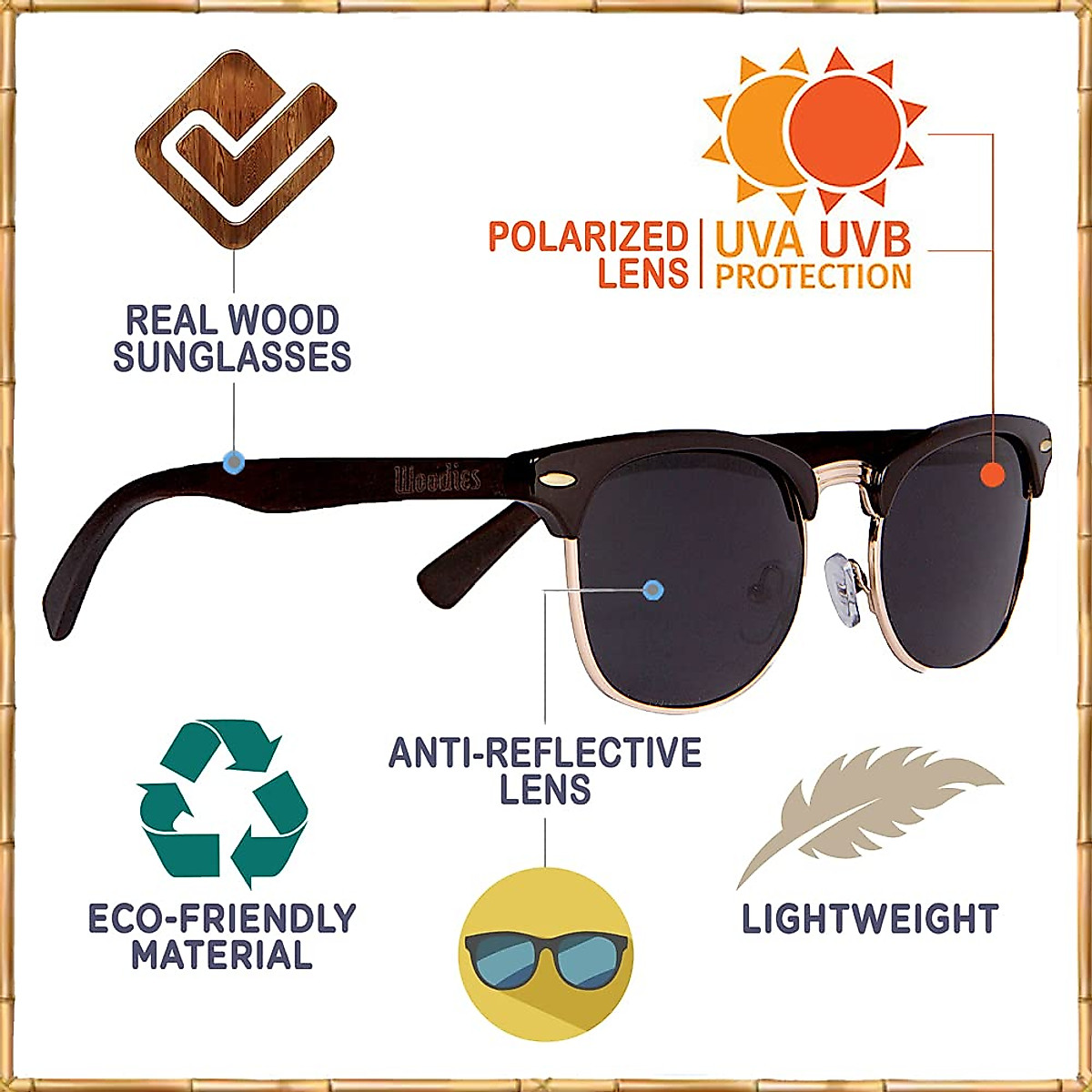 Woodies Wood Semi Rimless Sunglasses Polarized Black Lenses for Men & Women - Beach Ebony Wooden Frame - 100% UVA UVB Ray Protection