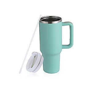 40 OZ INSULATED QUENCHER TUMBLER WITH HANDLE AND STRAW, DOUBLE WALL STAINLESS STEEL WITH 3-IN-1 LID, 100% LEAK-PROOF THERMOS, WATER BOTTLE, TRAVEL COFFEE MUG FOR CAR CUP HOLDER (OCEAN MINT)