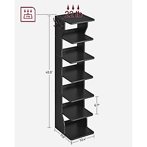 VASAGLE 7 Tier Vertical Shoe Rack, Narrow Shoe Storage Organizer with Hooks, Slim Wooden Corner Shoe Tower Rack, Robust and Durable, Space Saving for Entryway and Bedroom, Black ULBS200T16