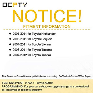 OCPTY 1470A-1T 1 X Flip Key Entry Remote Control Key Fob Transmitter Replacement for Toyota HighLander Sequoia Tacoma Sienna 1470A-1T 3 Buttons 315Mhz