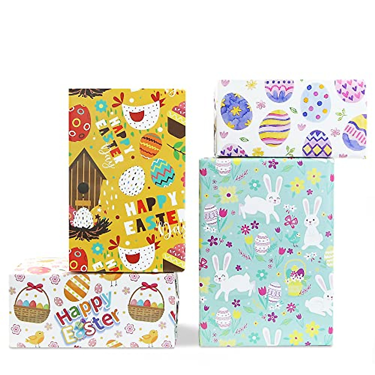 Easter Wrapping Paper,4 Sheets 4 Designs Bunny Eggs Chicken Gift Wrapping Paper,20 x 28 Inch Funny Cute Pattern Gift Wrap With Ribbon For Easter Spring Birthday Holiday Baby Shower Party All Occasion