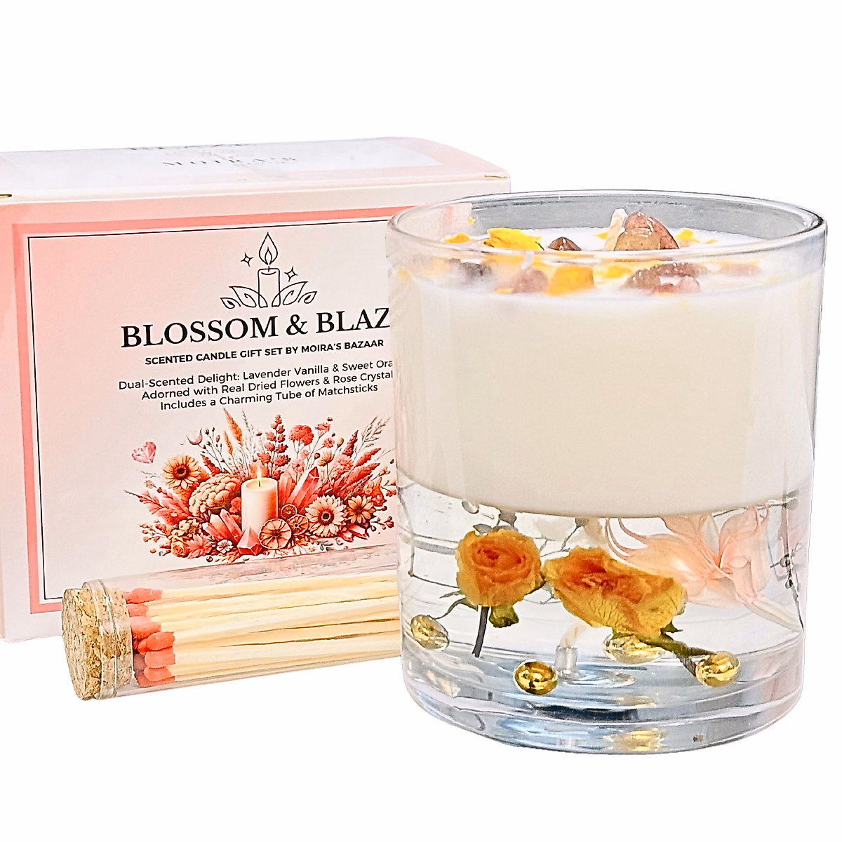 Moira's Bazaar Dual Scented Candle for Women,50+ Hours Burn,Lavender Vanilla & Sweet Orange,Hand Crafted Home Aromatherapy,Pure Soy,Jelly,Dried Flowers,Match Sticks Tube,Gift;11 oz