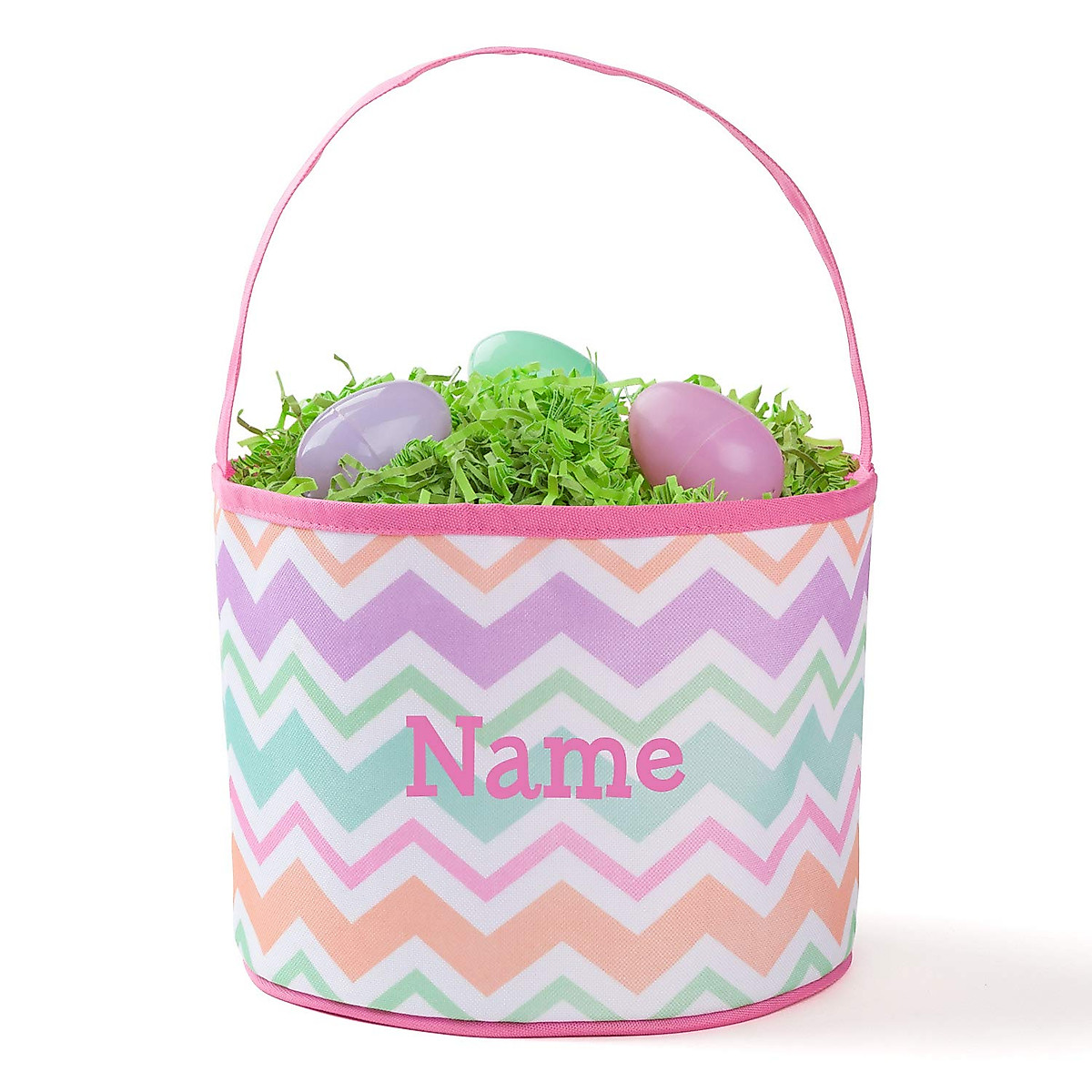Personalized Chevron Bucket Bag with Custom Name | Orange and Pink Stripped Easter Bag with Handle | Soft Egg Basket for Kids | Customized Easter Basket | Great for Easter Egg Games