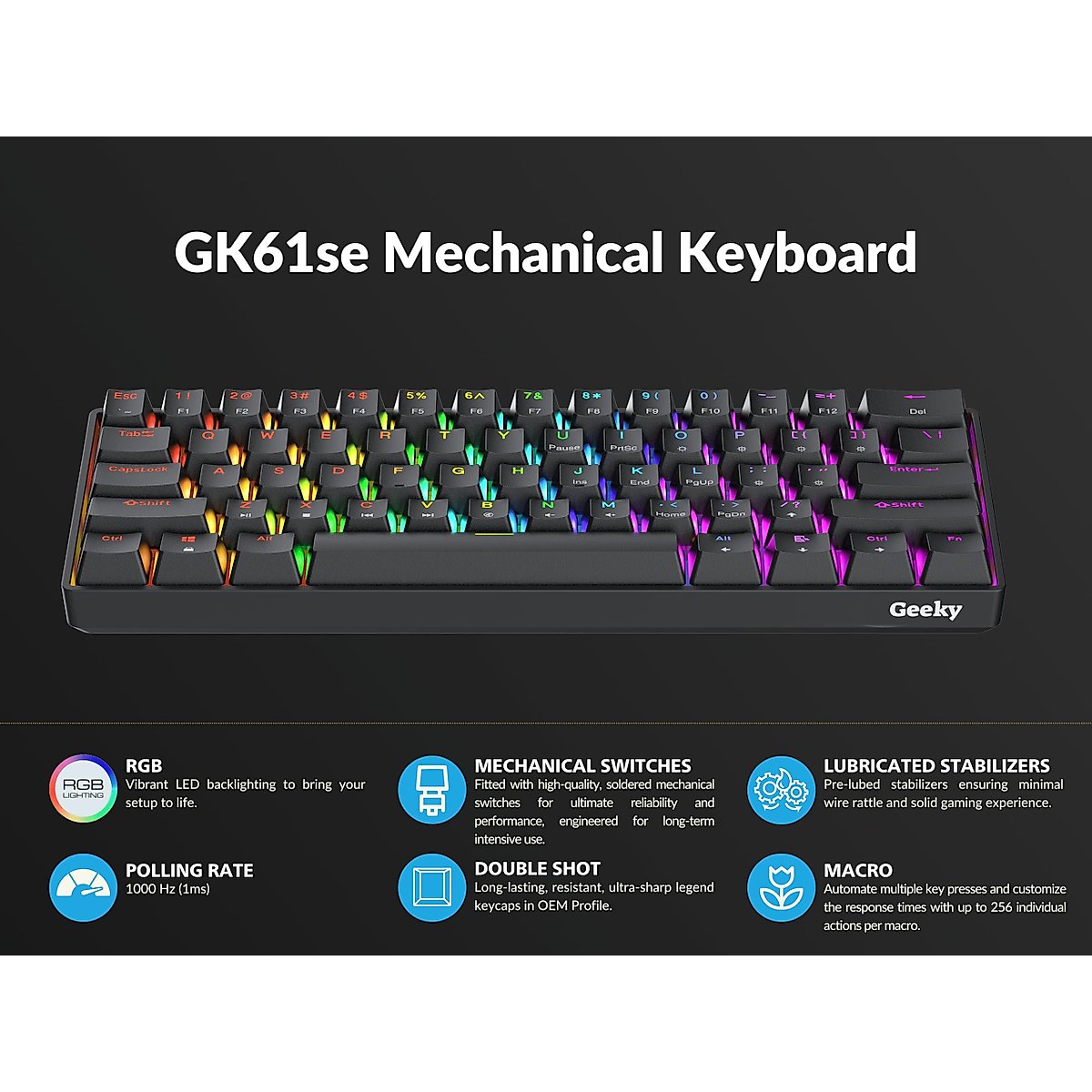 Geeky GK61 SE 60% | Mechanical Gaming Keyboard | 61 Keys Multi Color RGB LED Backlit for PC/Mac Gamer | ANSI US American Layout (Black, Mechanical Brown)