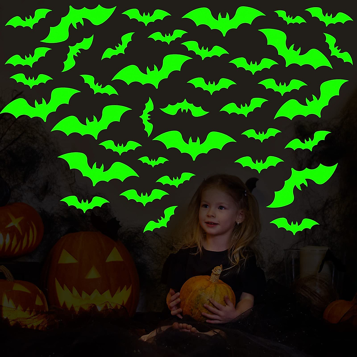 89 Pieces Halloween Luminous Stickers Glow in The Dark Window Decals Night Glow Decals Bat Wall Stickers Adhesive Moon Peeping Eyes Ceiling Stickers for Halloween Party(Bat Style)